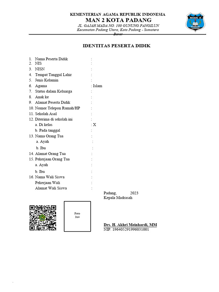 Identitas Peserta Didik MAN 2 Padang | PDF