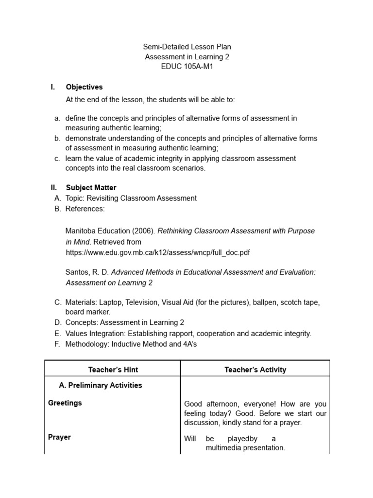 EDUC 105A-Group 1 Lesson Plan | PDF | Educational Assessment ...