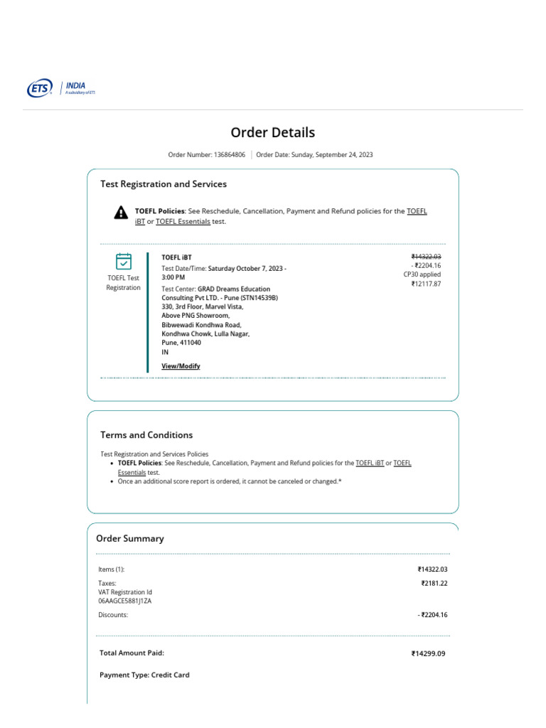 TOEFL iBT Registration Details | PDF