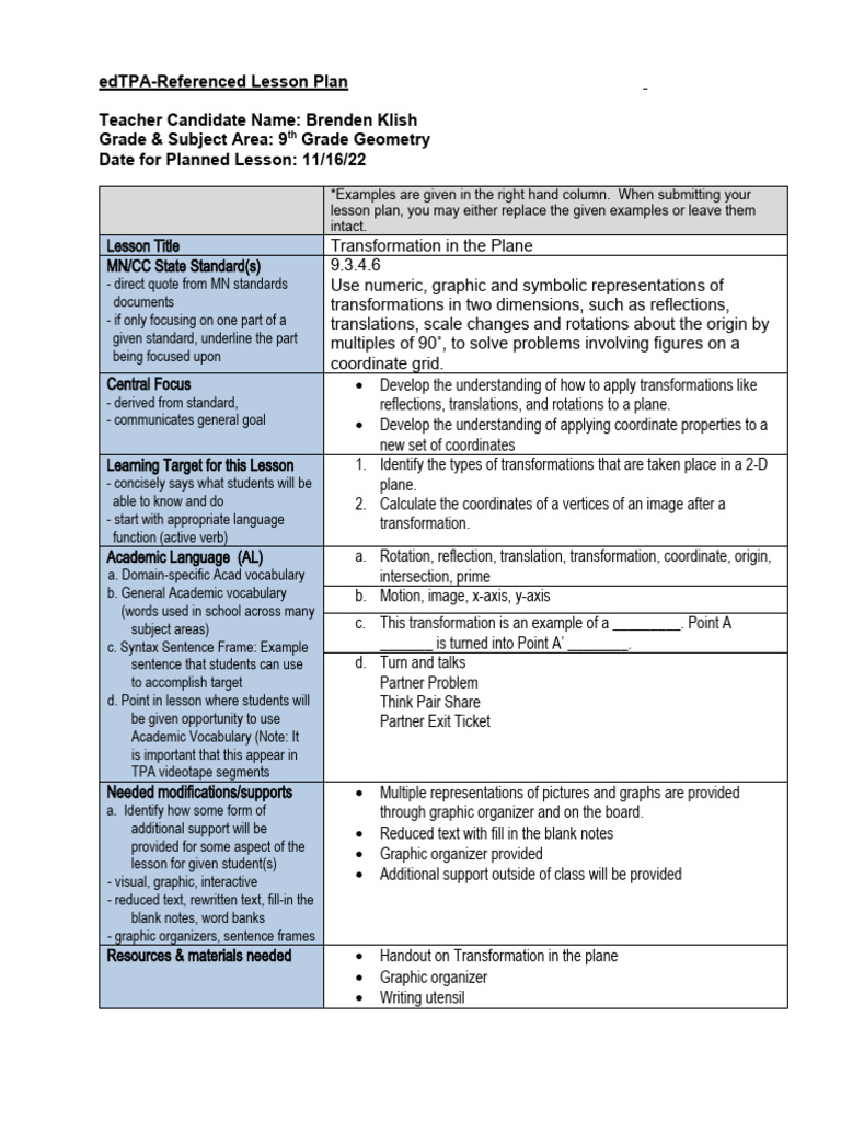 421-Edtpa Lesson Plan | PDF | Cartesian Coordinate System | Learning