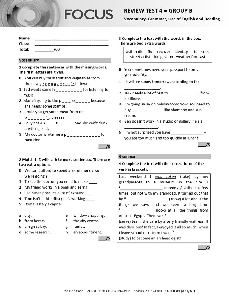 Focus2 2E Review Test 4 Units1 8 Vocabulary Grammar UoE Reading GroupB ...