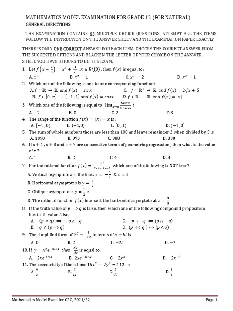 Grade 12 Mathematics Model Exam 2021/22 | PDF | Circle | Asymptote