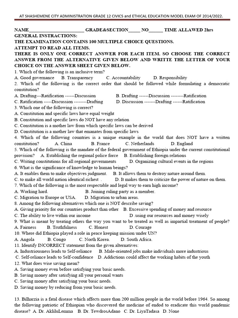 At Shashemene City Administration Grade 12 Civics and Ethical Education ...