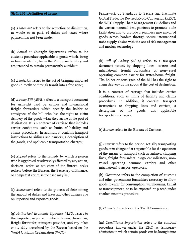 Section 102: Customs Definitions | PDF | Cargo | Trade