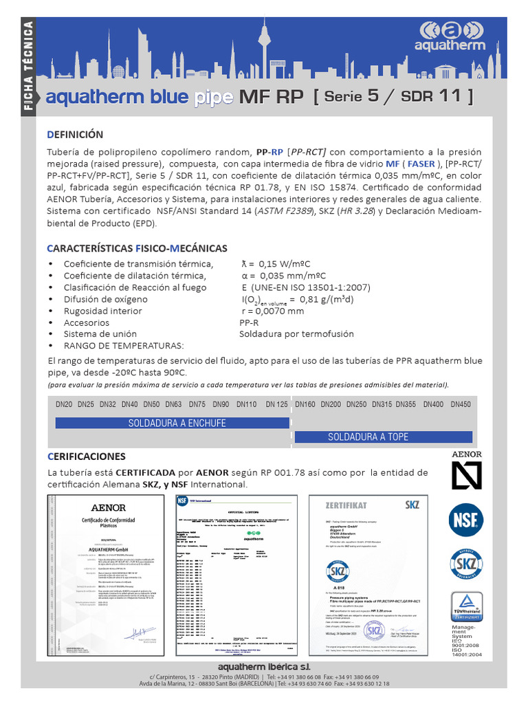 FT - Aquatherm Blue Pipe Faser RP SDR 11 | PDF | Tubería (transporte de fluidos) | Equipo