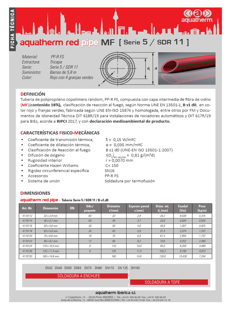Ficha Técnica Aquatherm Red Pipe S5 | PDF | Ingeniería de Edificación | Química