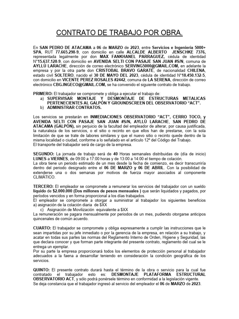Formulario Contrato Obra o Faena | PDF | Derecho laboral