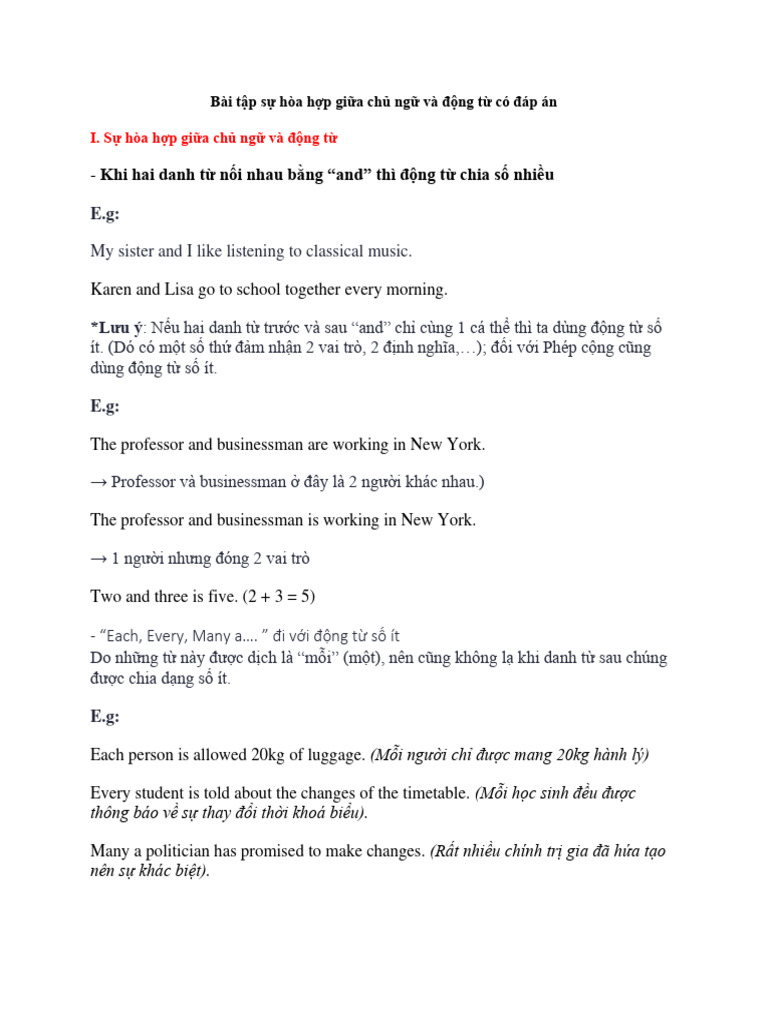 50 Bai Tap Su Hoa Hop Giua Chu Ngu Va Dong Tu Co Dap An | PDF