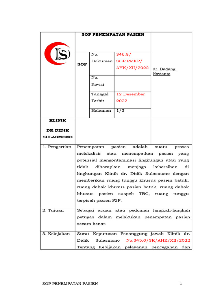 Sop Penempatan Pasien | PDF | Pengembangan Diri | Sains & Matematika