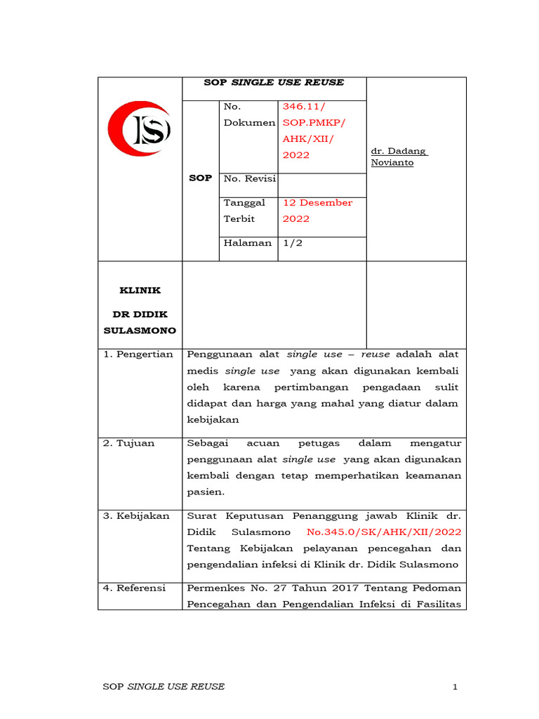12. SOP SINGLE USE REUSE | PDF
