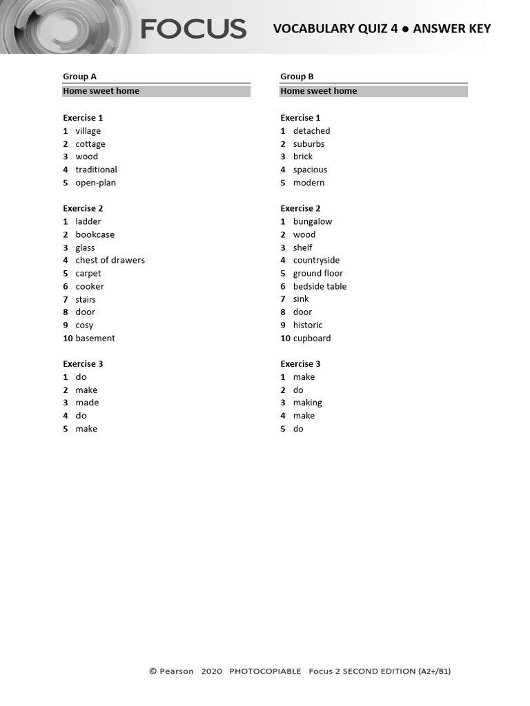 Focus2 2E Vocabulary Quiz Unit4 GroupA B ANSWERS | PDF