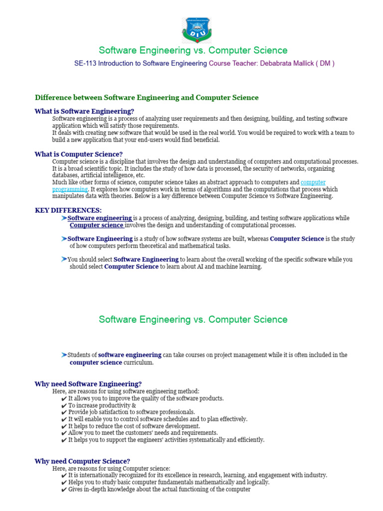 SMR - Difference Between Computer Science and Software Engineering | PDF | Computer Science ...