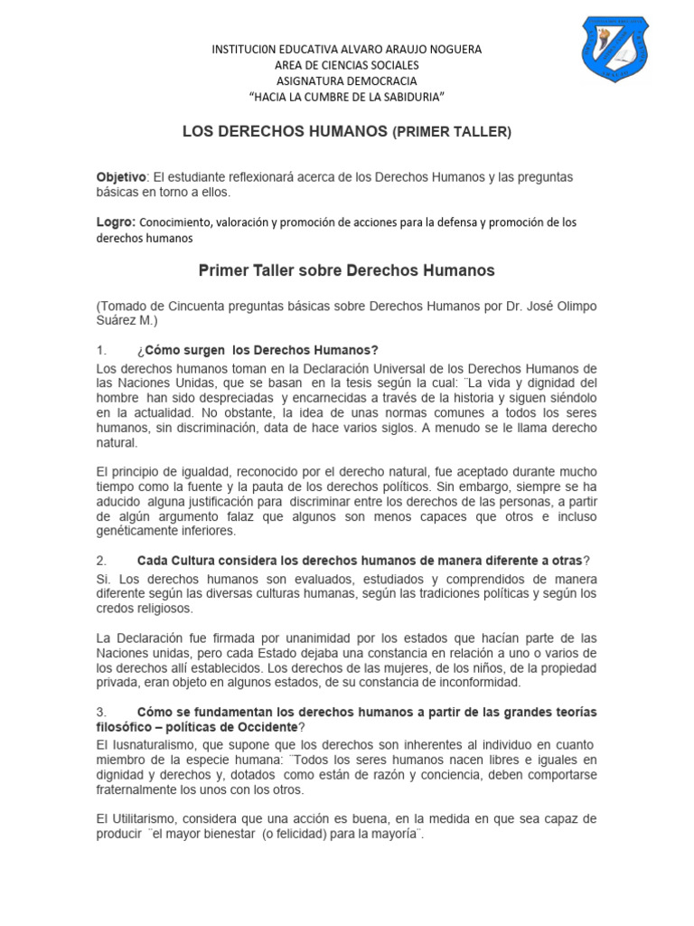Taller 1 y 2 LOS DERECHOS HUMANOS Democracia Grado 8° | PDF | Derechos humanos | Derechos