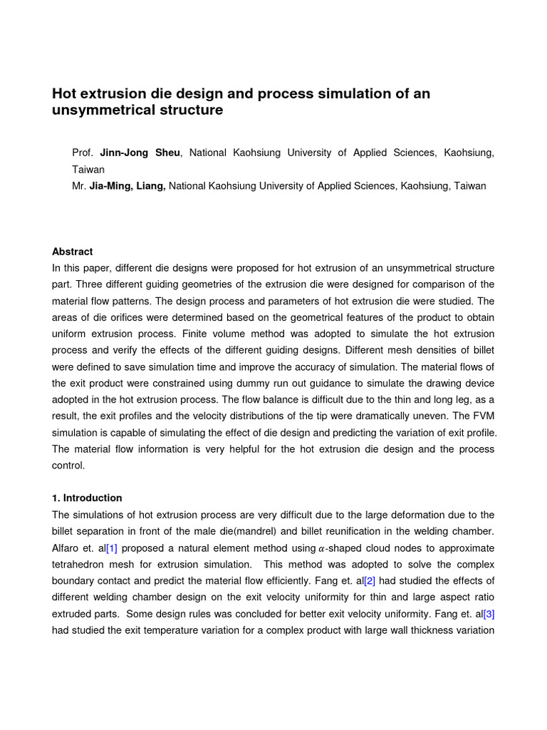 Sheu. Hot Extrusion Die Design and Process Simulation of an ...