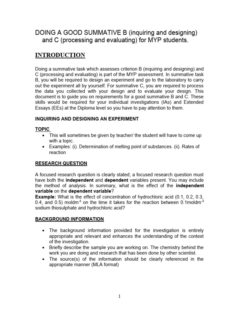 MYP Summative Assessment Guide: B & C | PDF | Experiment | Reaction Rate