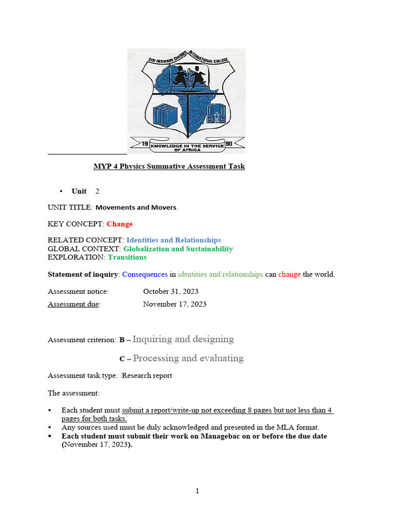 MYP 4 Summative ASS Task Unit 2 - Movement and Movers 2023-24 | PDF | Hypothesis | Scientific Method