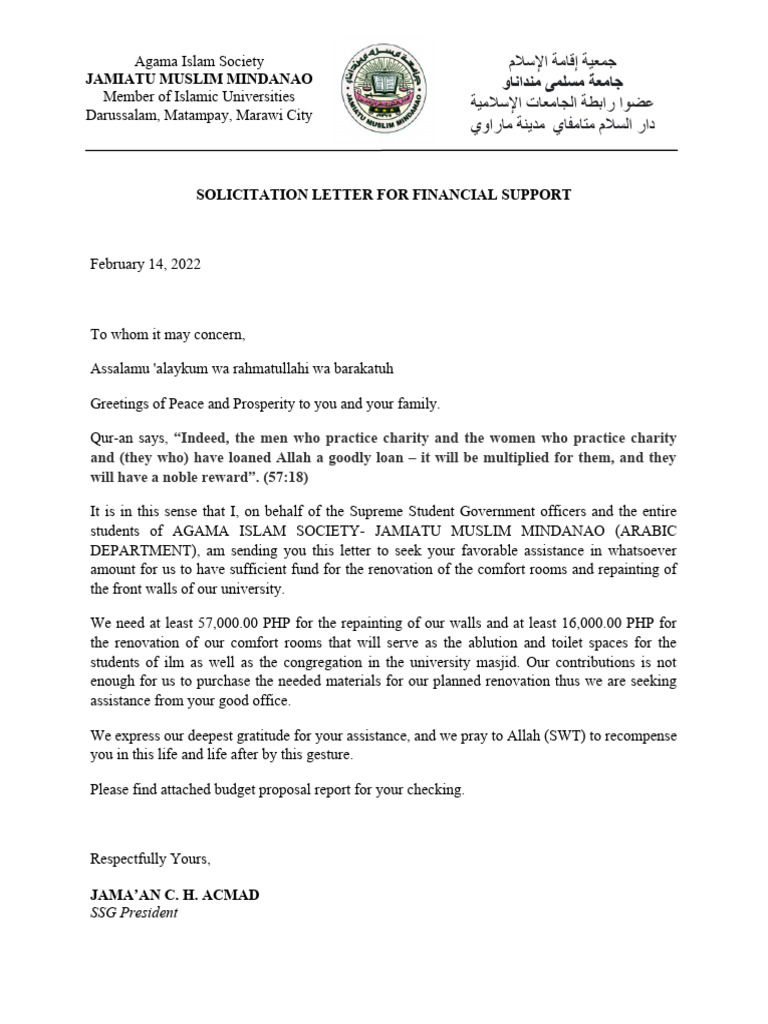 Solicitation Letter For Financial Support | PDF