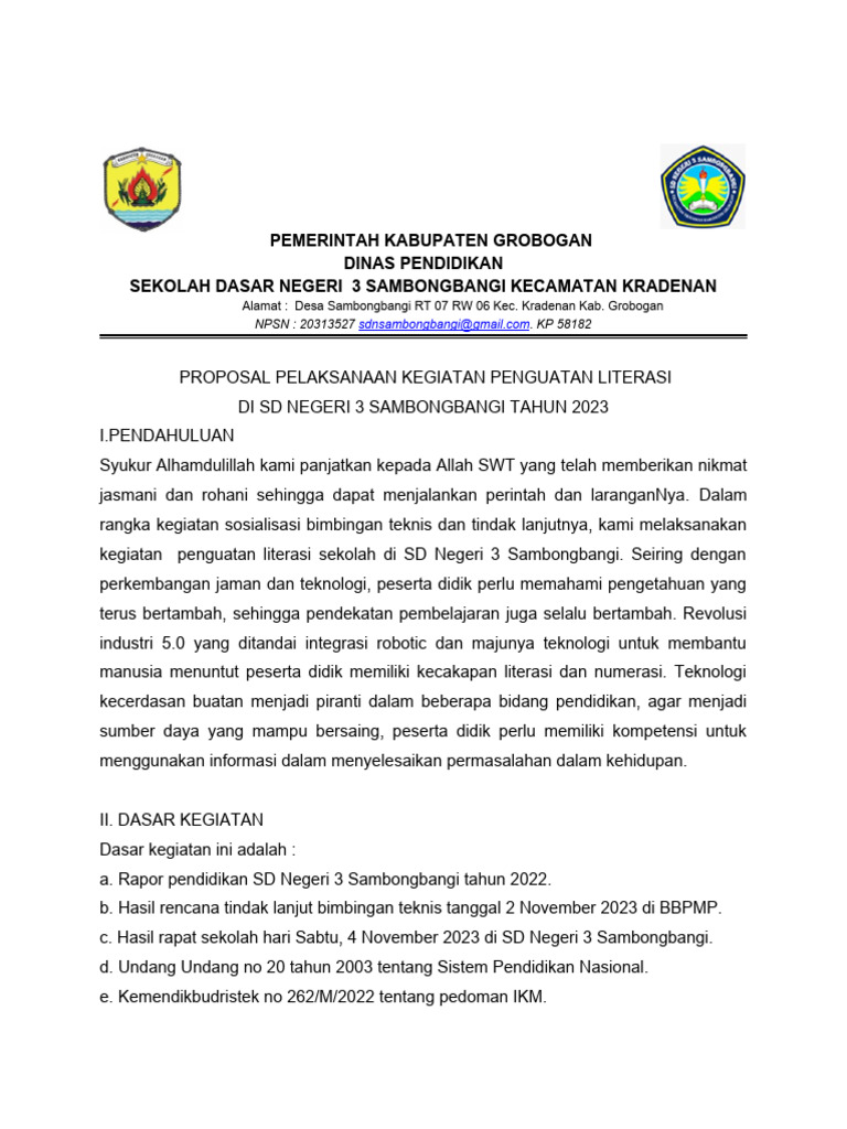 Proposal Kegiatan Penguatan Literasi SDN 3 Sambongbangi | PDF