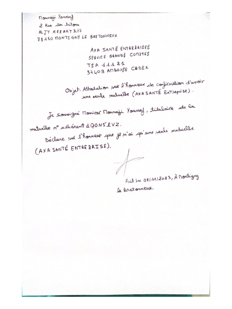 Attestation Sur L Honneur Confirmation Mutuelle | PDF