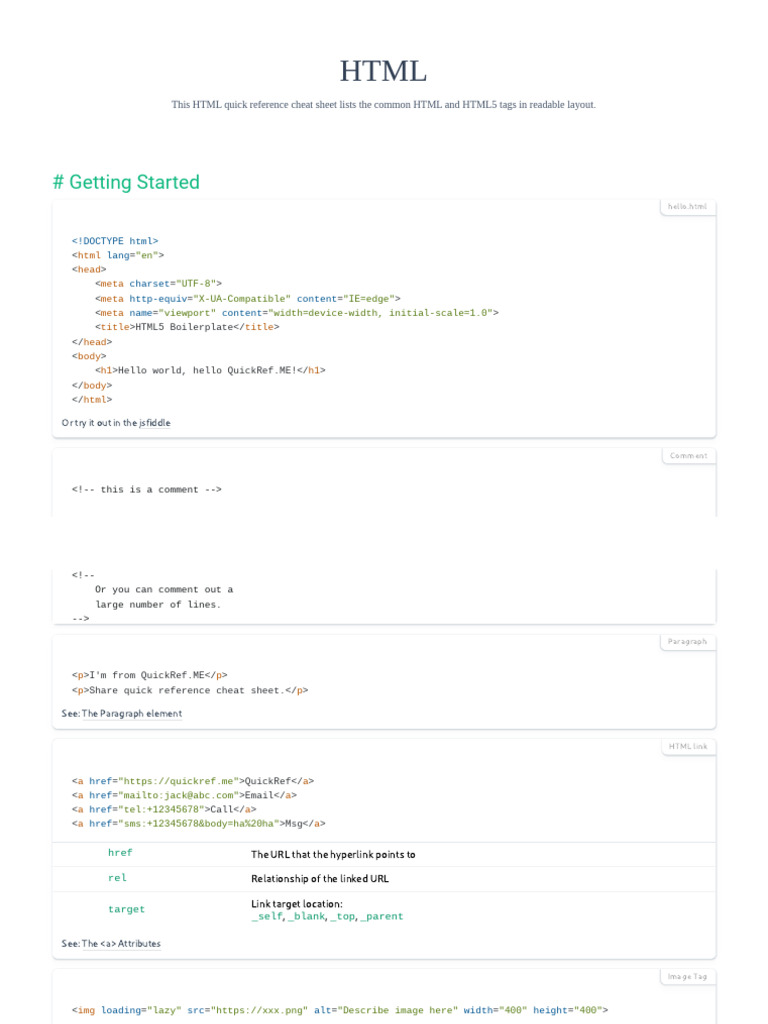 HTML Cheat Sheet & Quick Reference | PDF | Html Element | Html
