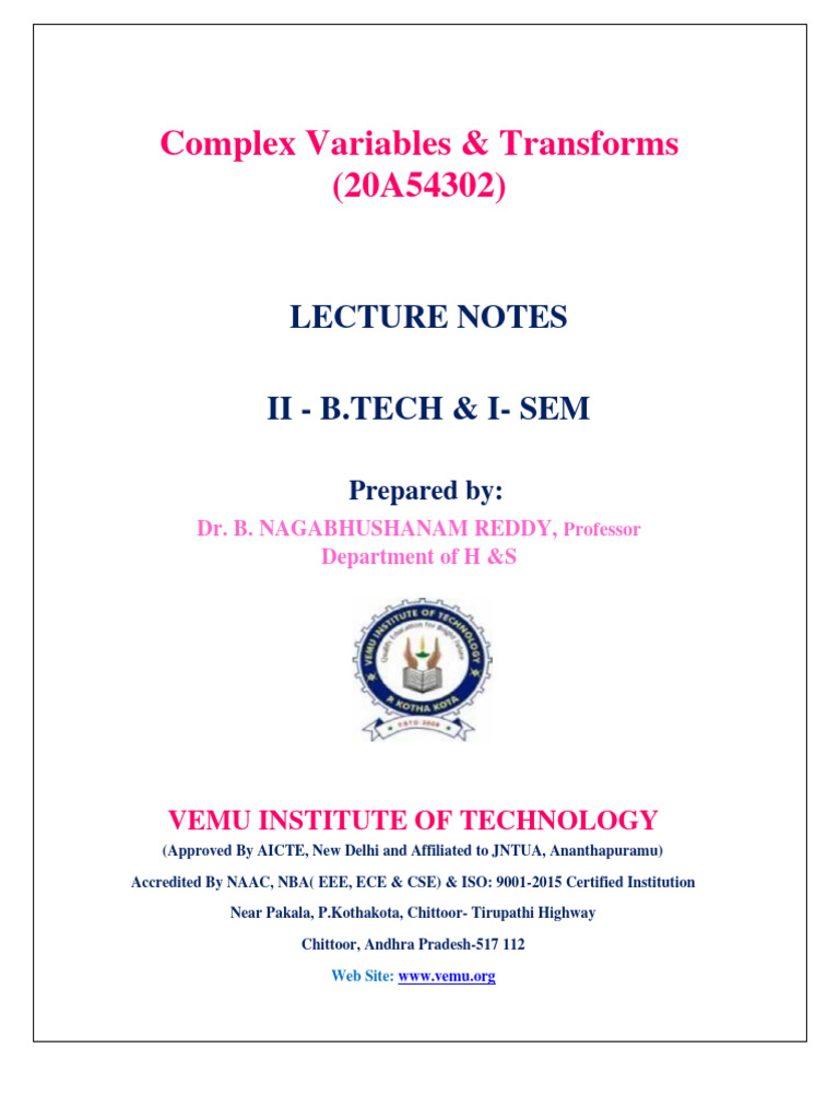 Complex Variables & Transforms (20A54302) : Lecture Notes | PDF ...