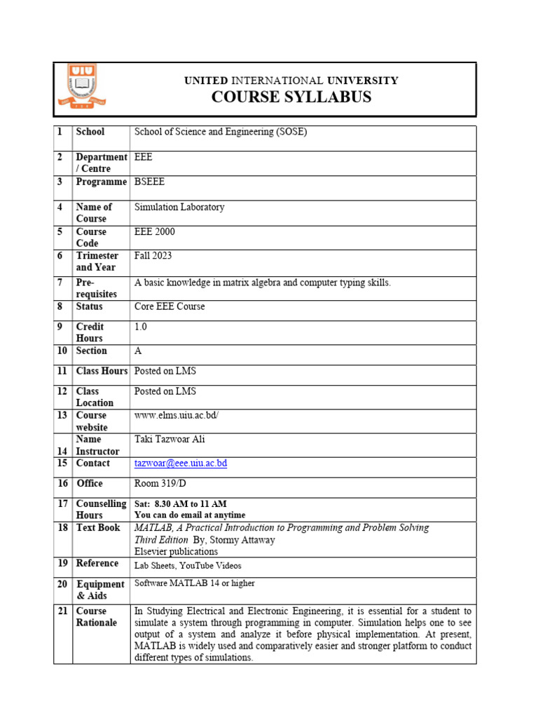 EEE 2000 Course Syllabus | PDF | Matlab | Simulation