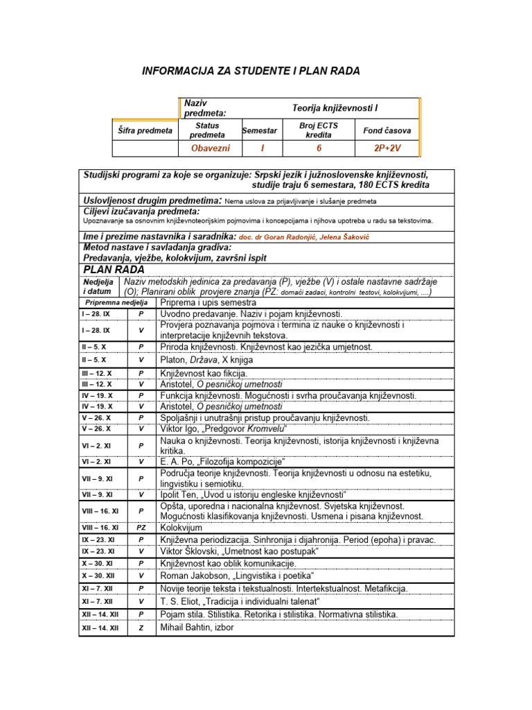 Teorija Knjizevnosti I Plan Rada 2022 | PDF