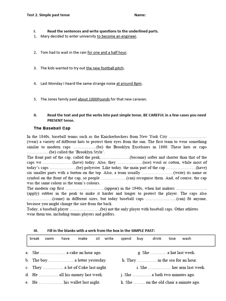 Test 2 Past Simple Tense Pdf
