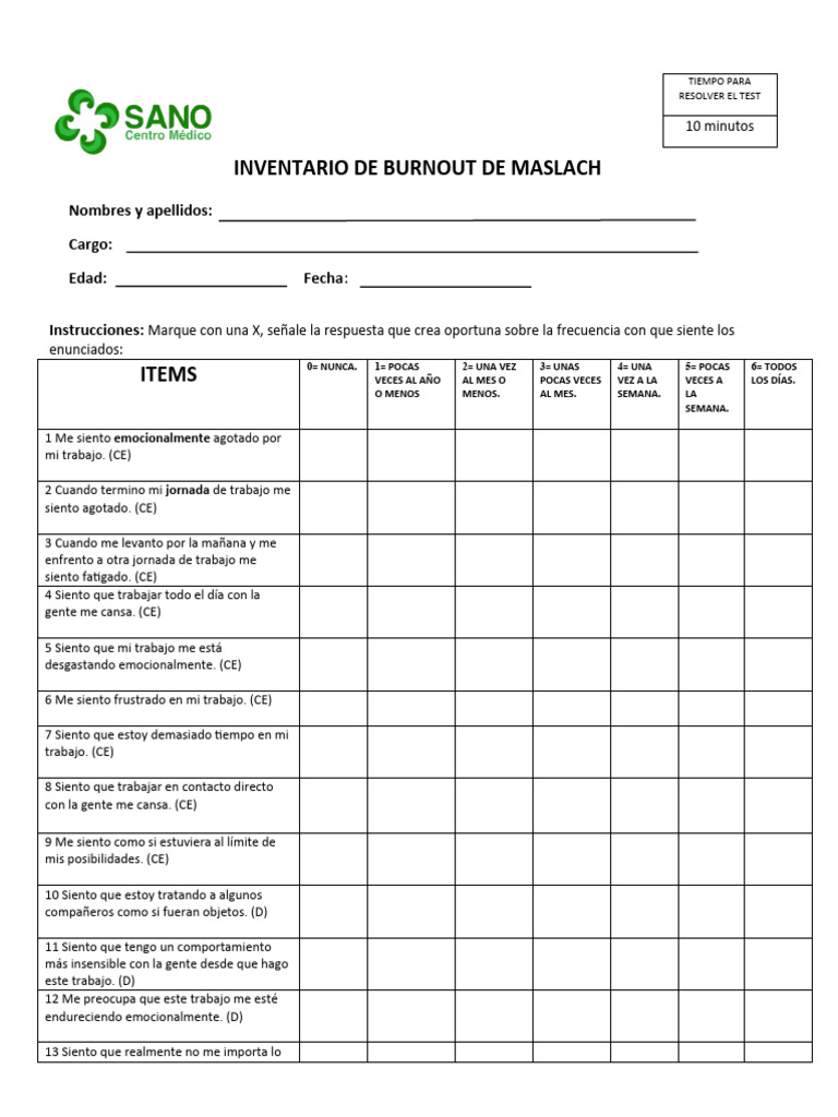 Inventario de Burnout de Maslach - Sano | PDF | Burnout ocupacional