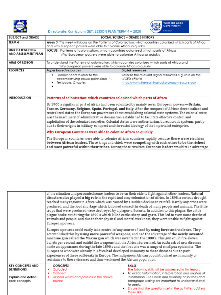 Lesson Plan Grade 8 SS History T4 W3 | Download Free PDF | Colonialism ...