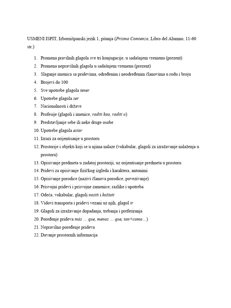 Usmeni Ispit Spanski 1 Pitanja | PDF