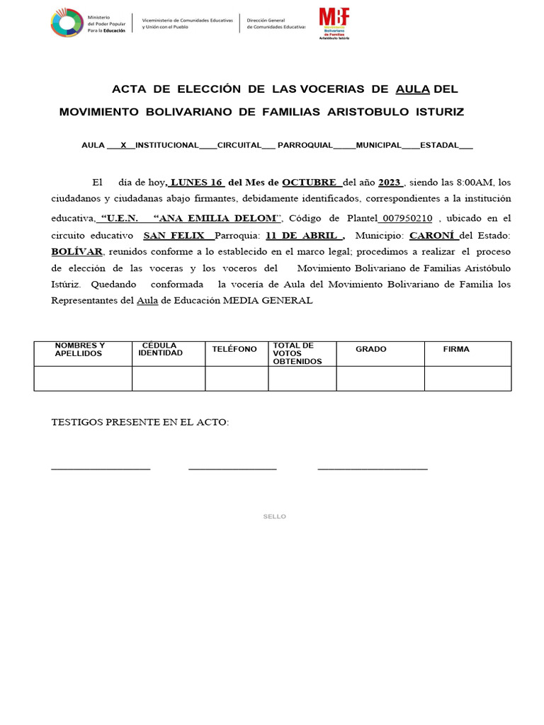 Acta de MBF AULA REPRESENTANTE | PDF | Gobierno | Eventos políticos