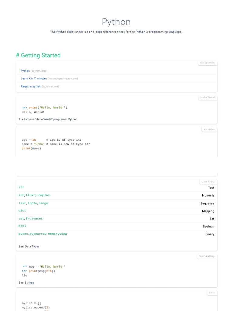 Python Cheat Sheet & Quick Reference | PDF | Boolean Data Type | Computer Programming