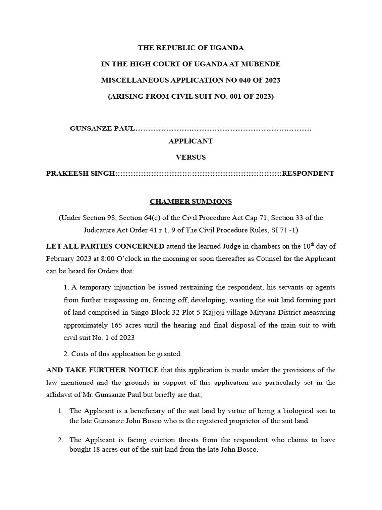 6. Chamber Summons (Temporary Injunction) | PDF | Lawsuit | Injunction