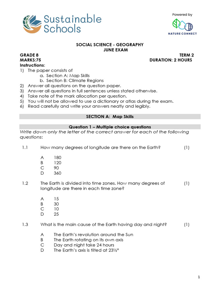 Grade 8 Geography Exam: Climate & Maps | PDF | Climate Change | Earth ...