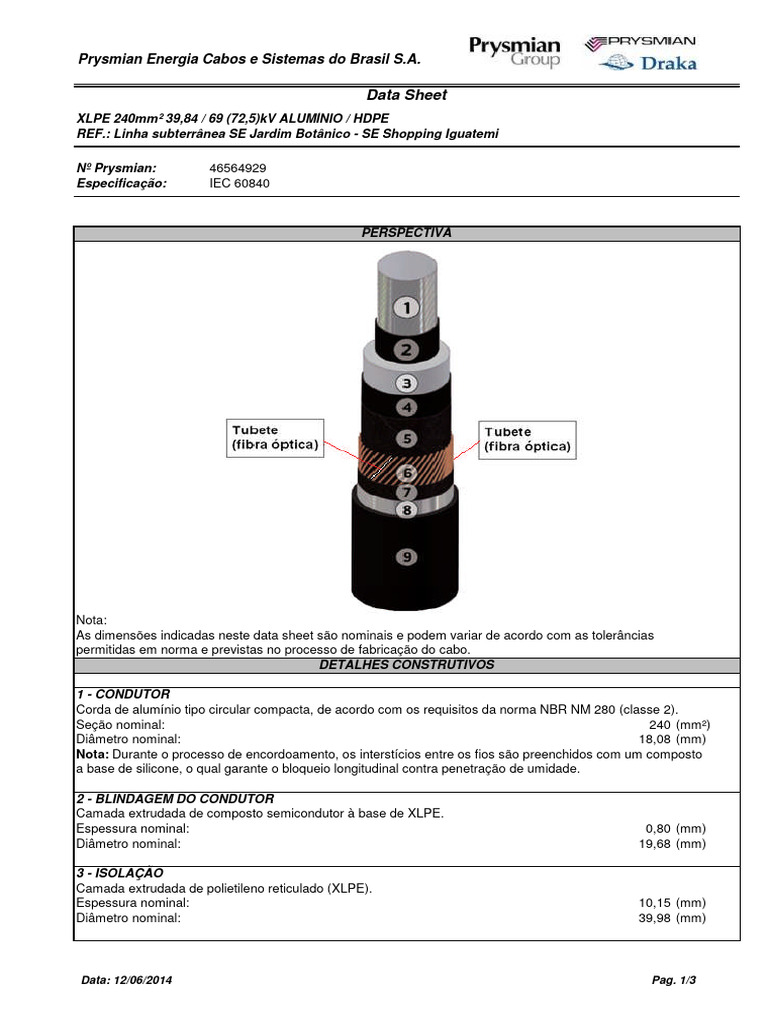 Data-Sheet - Cabo Xlpe 240mm2 39,84-69 (72,5) KV Aluminio-Hdpe | PDF ...