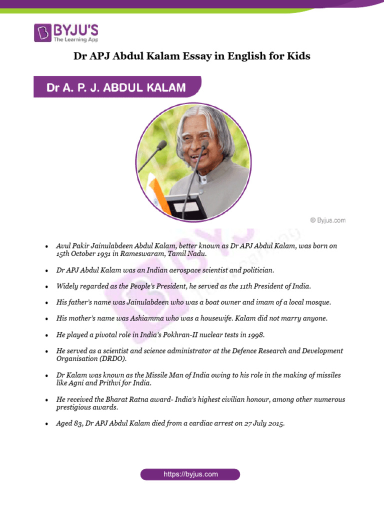 DR APJ Abdul Kalam Essay in English For Kids | PDF DR APJ Abdul Kalam Essay in English For Kids | PDF