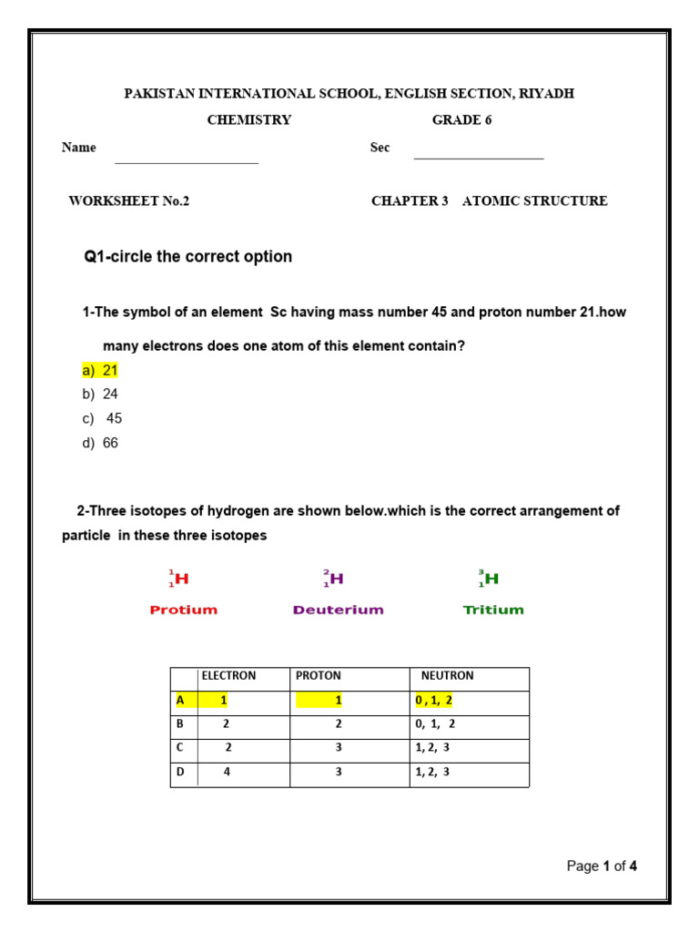 Grade 6 Atomic Structure - Worksheet 2 Ans Key | PDF | Atoms | Proton