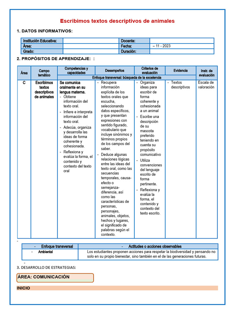 sesion y ficha Escribimos textos descriptivos de animales | PDF ...