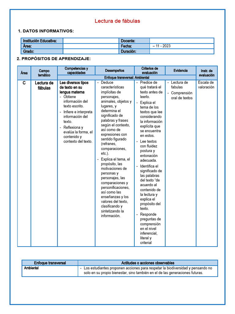 Sesion Y Ficha Leemos Fabulas Pdf Evaluación Pluma