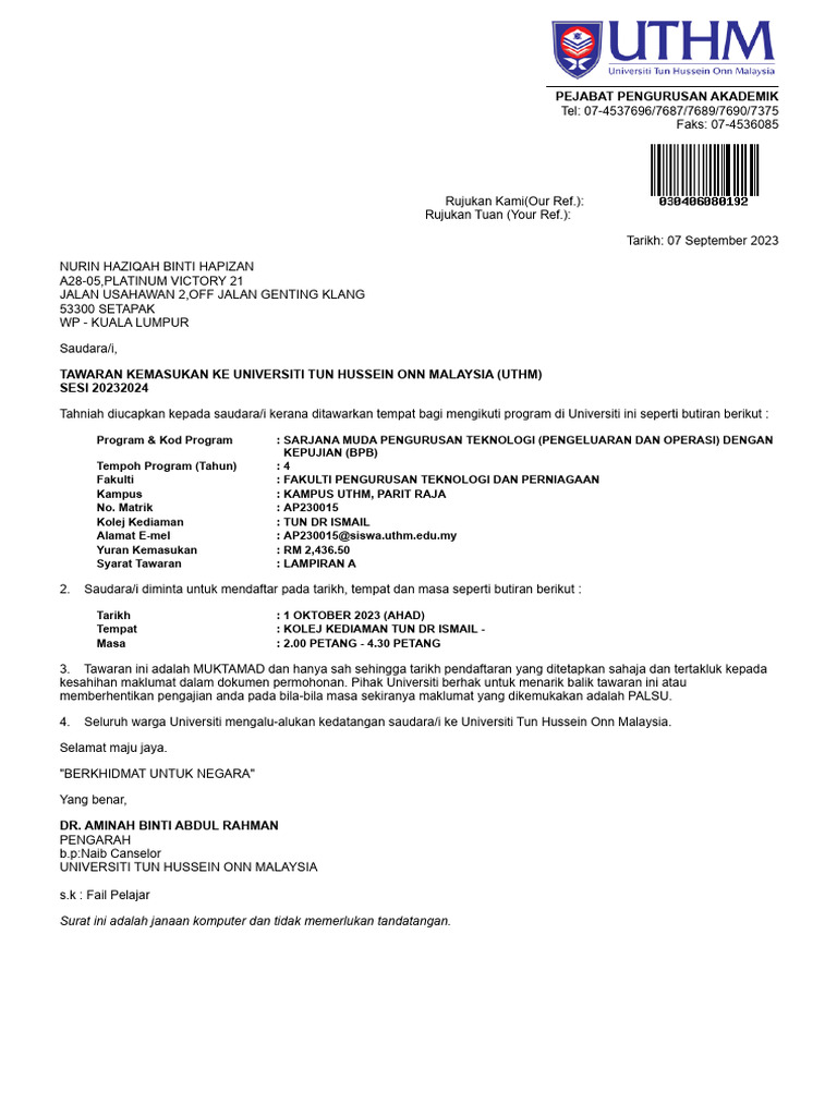 SURAT TAWARAN UTHM NURIN HAZIQAH | PDF