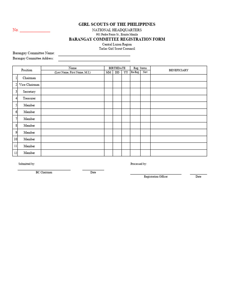 Barangay Committee Registration Form | PDF