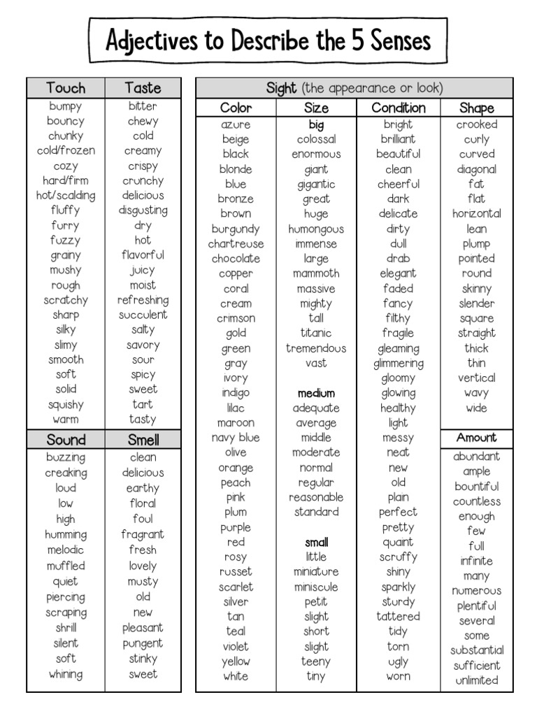 Adjectives To Describe The 5 Senses | PDF | Taste | Color