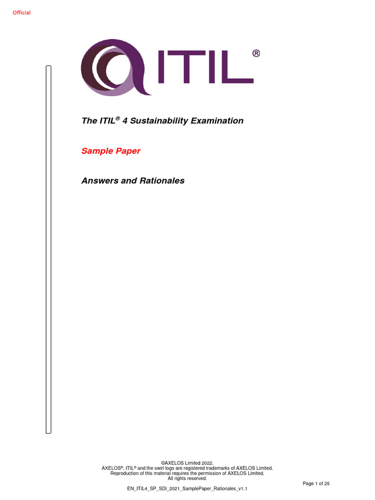 The ITIL® Sustainability Examination Answers and Rationales Sample Paper | PDF | Risk ...