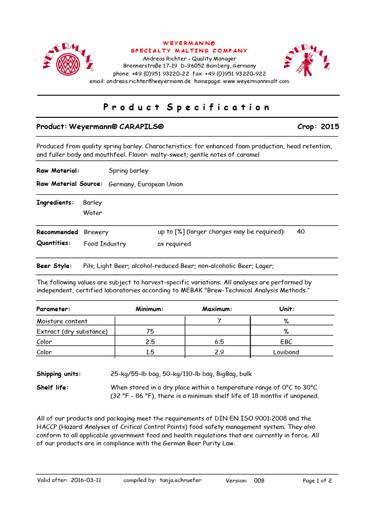 Weyermann® CARAPILS® - Specification | PDF | Beer | Shelf Life