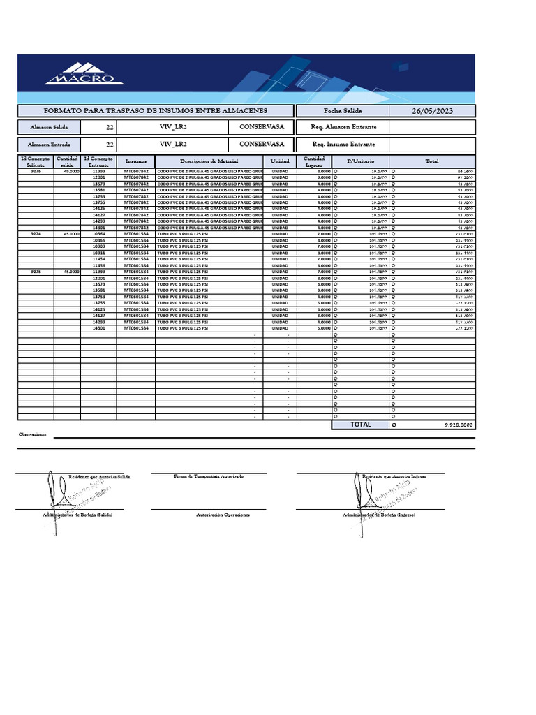 Formato para Traspaso de Insumos Entre Almacenes Fecha Salida | PDF