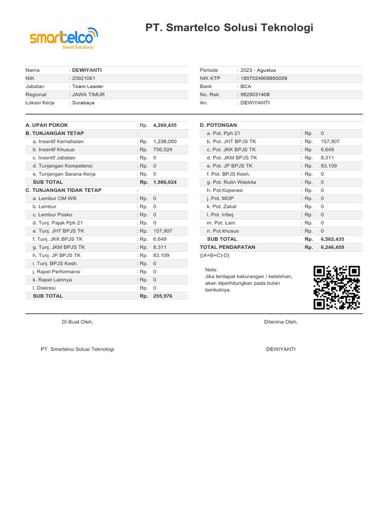 Slip-Gaji-Dewiyanti - PT. SMARTELCO SOLUSI TEKNOLOGI | PDF