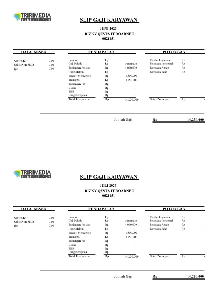 Slip Gaji Karyawan Juni-Agustus 2023 | PDF