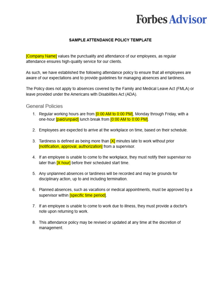 SAMPLE ATTENDANCE POLICY TEMPLATE | PDF | Employment | Working Conditions