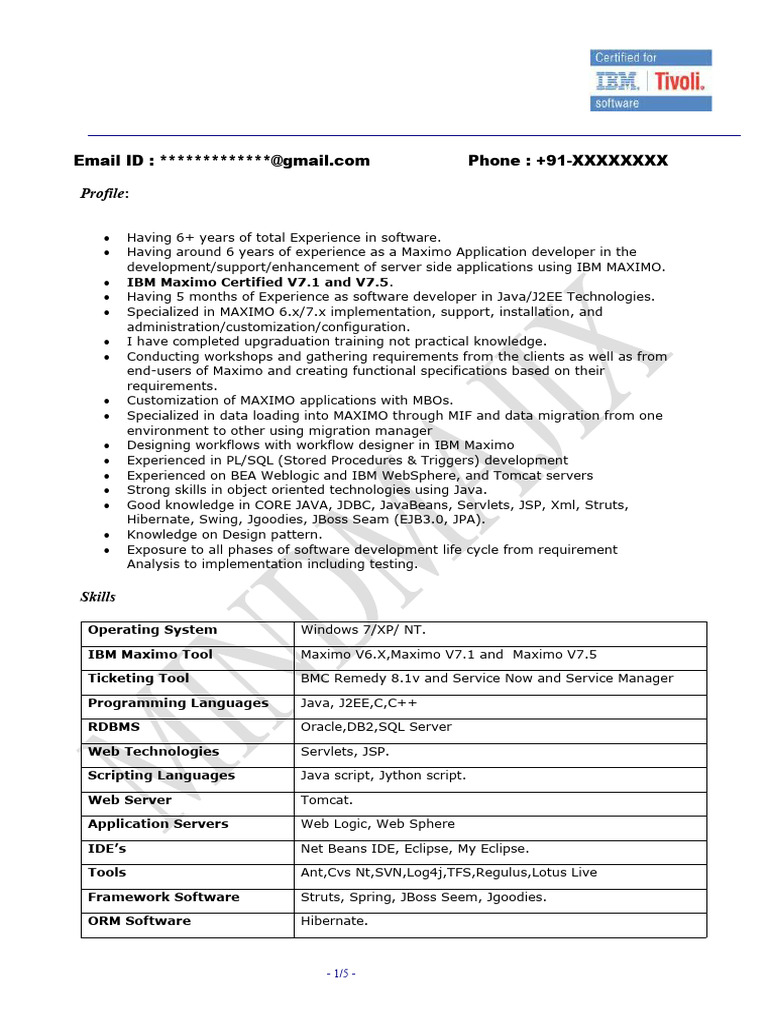 IBM Maximo Sample Resume | PDF | Java (Programming Language) | Eclipse (Software)